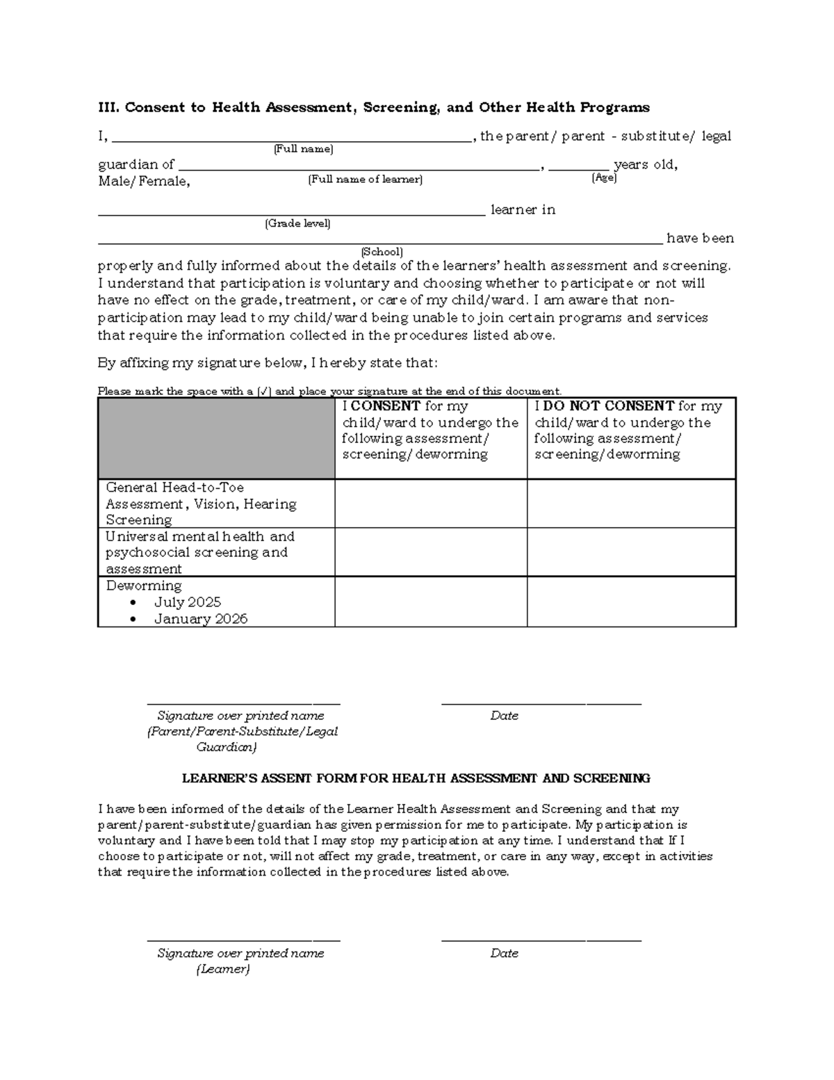 Consent Form for Health Assessment & Screening I - Learners - Studocu