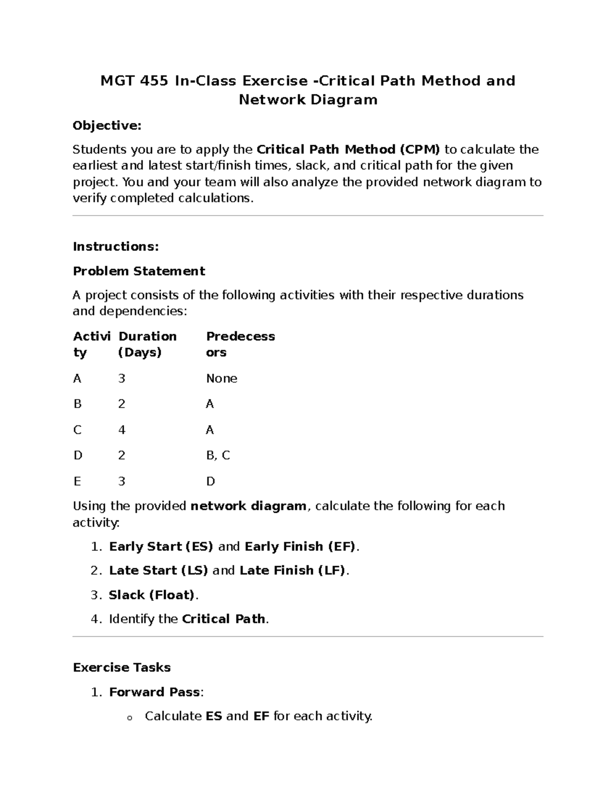 MGT 455 In-Class Exercise: Critical Path Method & Network Diagram - Studocu