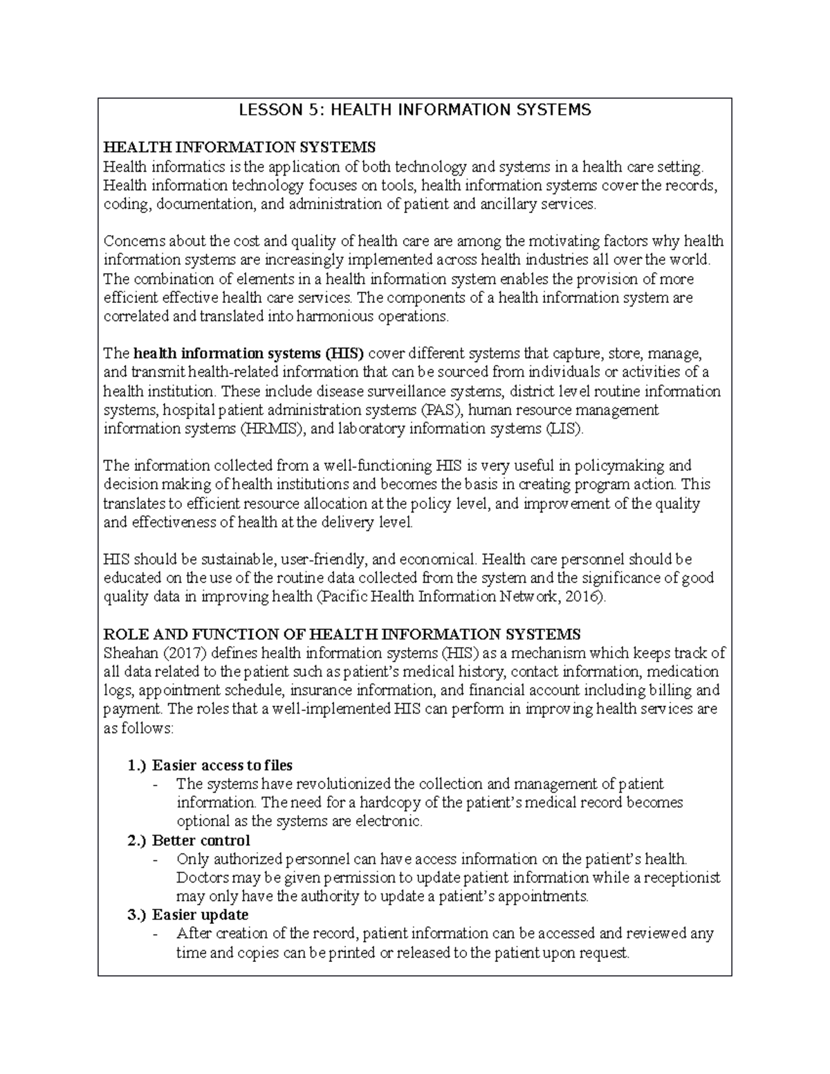 Lesson 5 - Understanding Health Information Systems (HIS) - Studocu