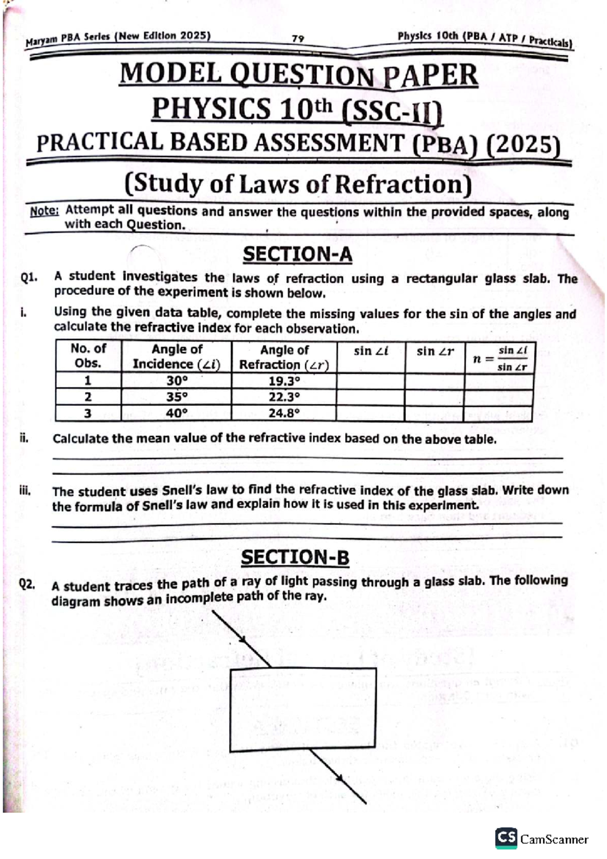 Physics 10th PBA Model Question Paper: Laws of Refraction (2025) - Studocu