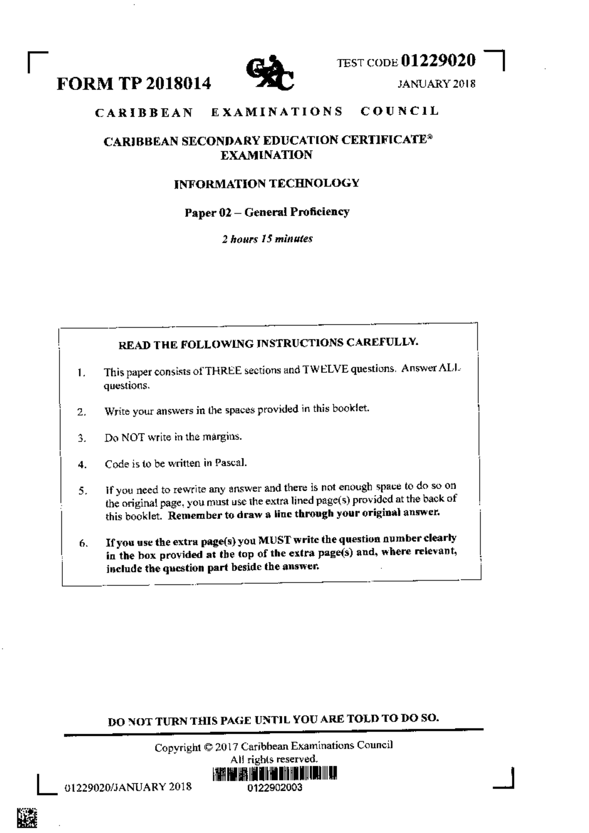 CSEC IT Paper 02 Exam 2018 OI229O2O - January 2018 - Studocu