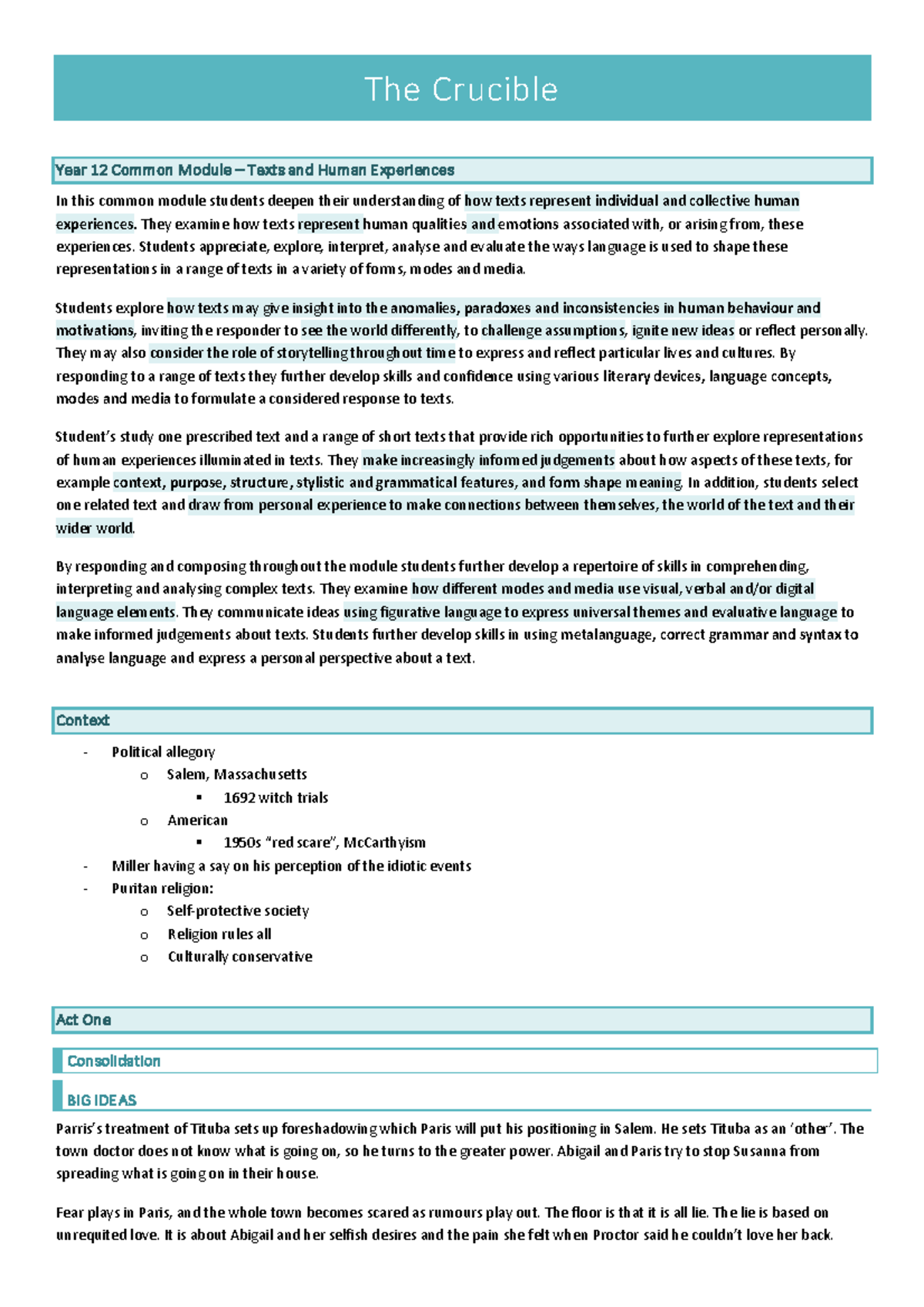 The Crucible Year 12 Common Module: Texts & Human Experiences Analysis ...