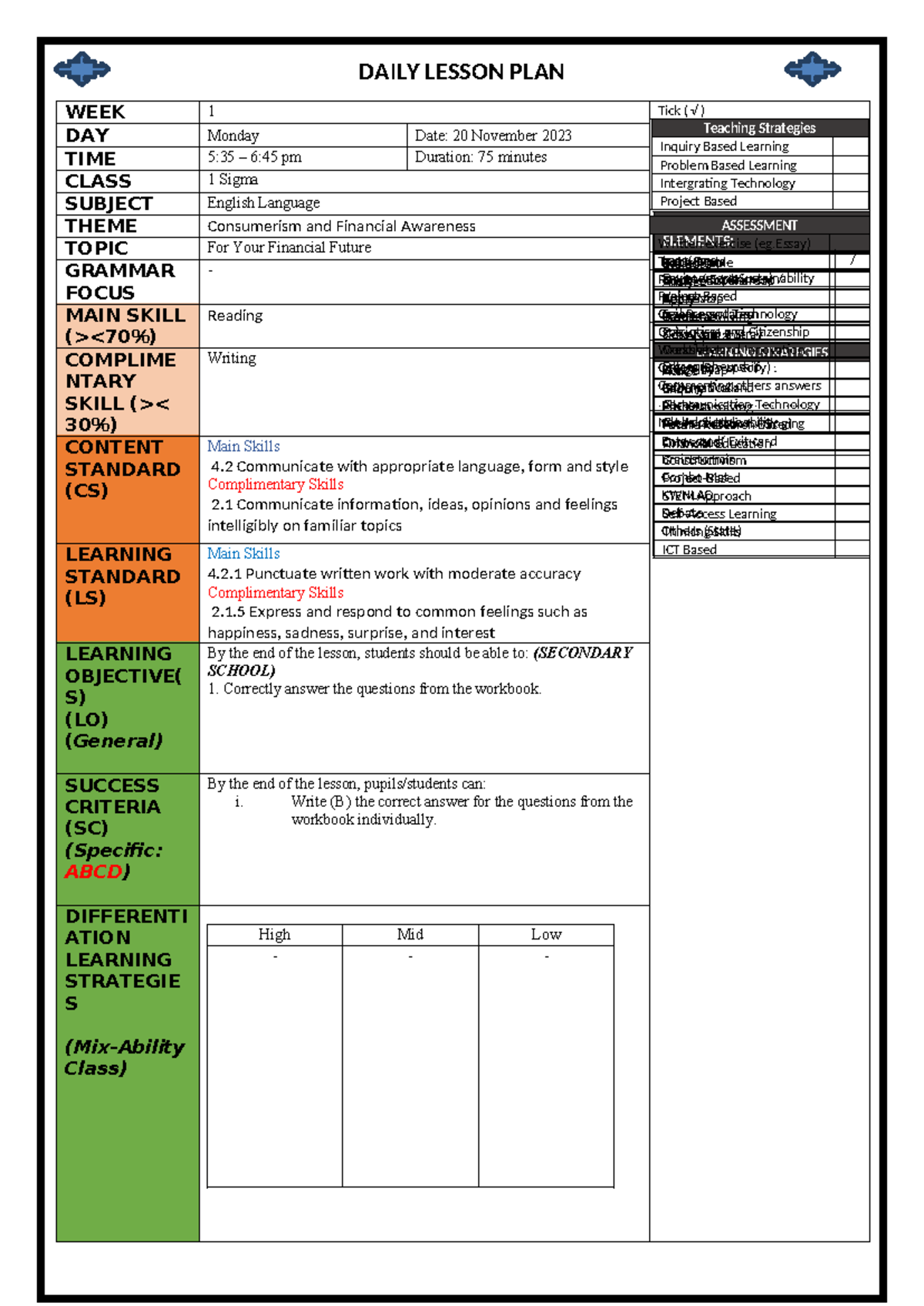 1 Sigma-20-11-23-Mon - Lesson Plan Form 1 Teaching Practicum First Day ...