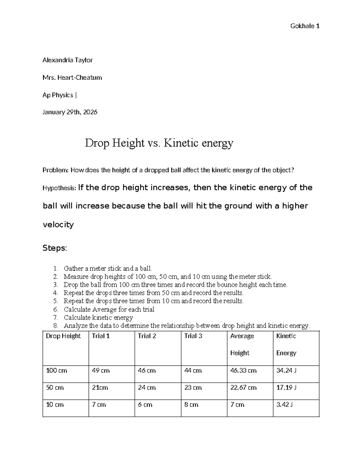 AP Physics: Kinetic Energy vs. Drop Height Experiment - Studocu