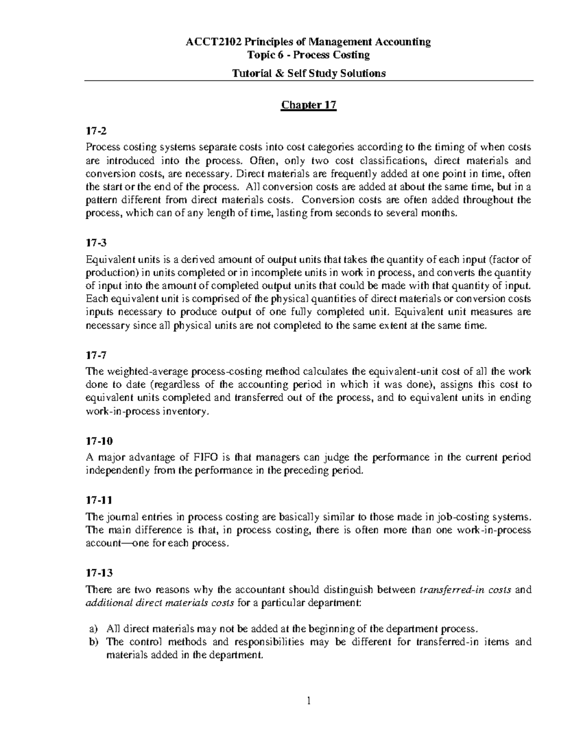 Topic 6: Process Costing Tutorial 6 Solutions and Key Exhibits - Studocu