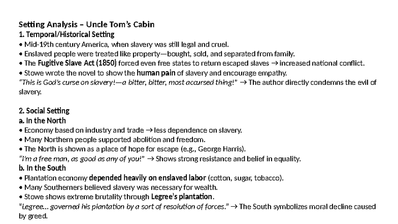 Setting Analysis: Uncle Tom's Cabin (ENG 101) - Studocu
