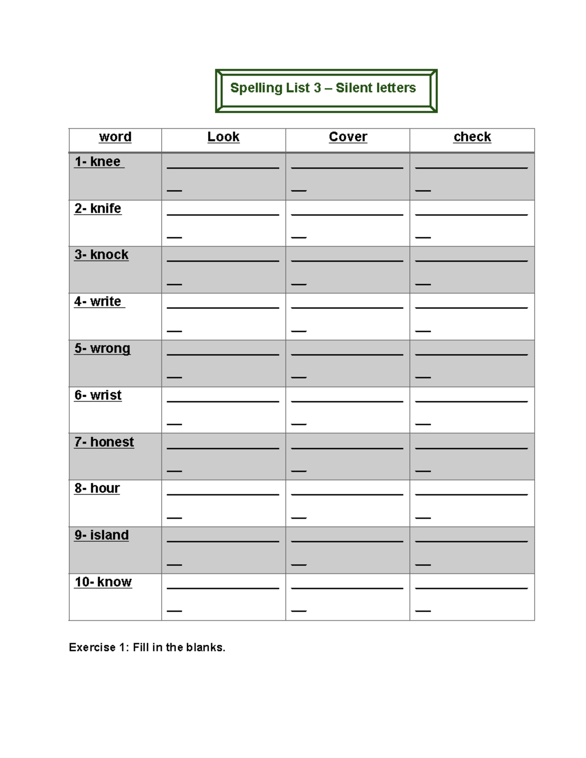 Spelling List 3: Silent Letters & Fill-in-the-Blanks Exercise - Studocu