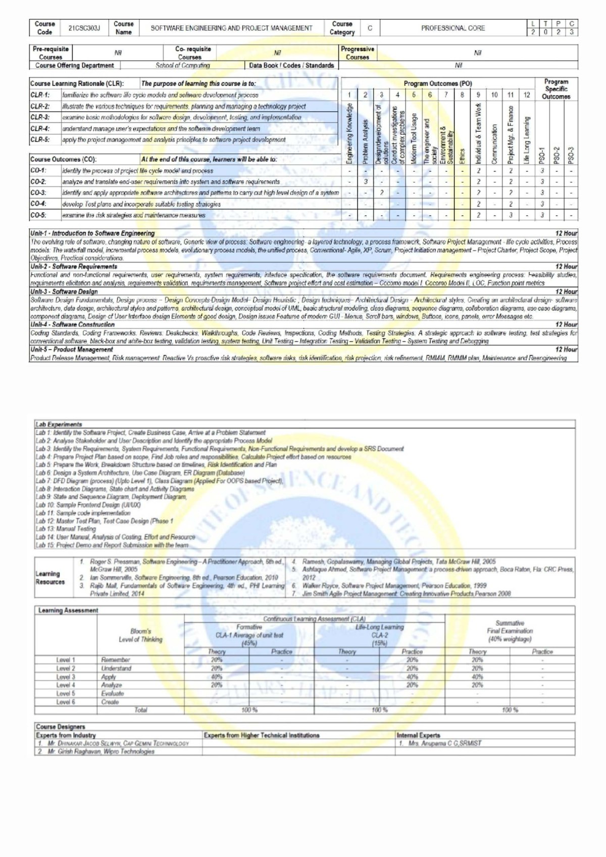 Syllabus for LTPC 21CSC303J: Software Engineering & Project Management ...