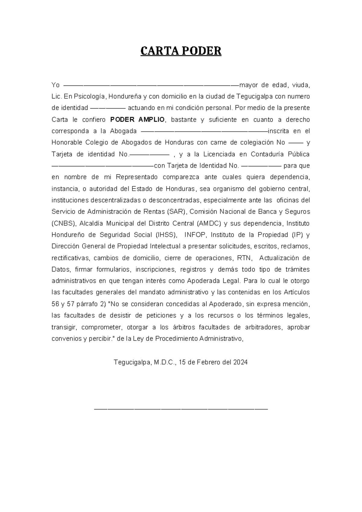 Carta Poder NV - Tarea de Poder Amplio en Honduras - Studocu
