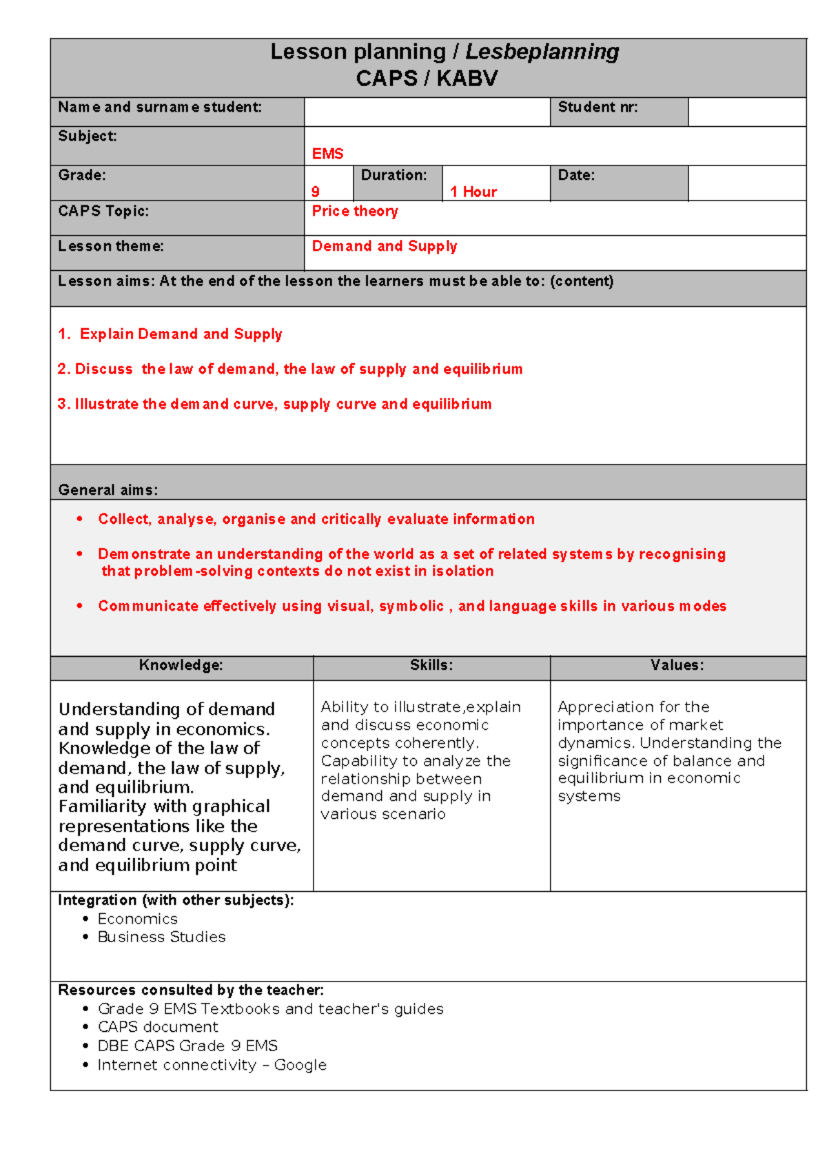 Grade 9 EMS Lesson Plan: Understanding Demand and Supply Concepts - Studocu