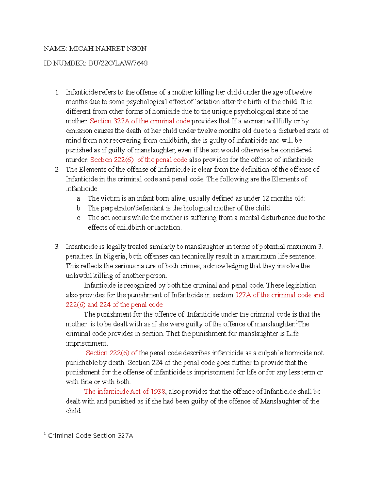 LAW/22C/CS: Infanticide Analysis and Legal Implications in Nigeria - Studocu