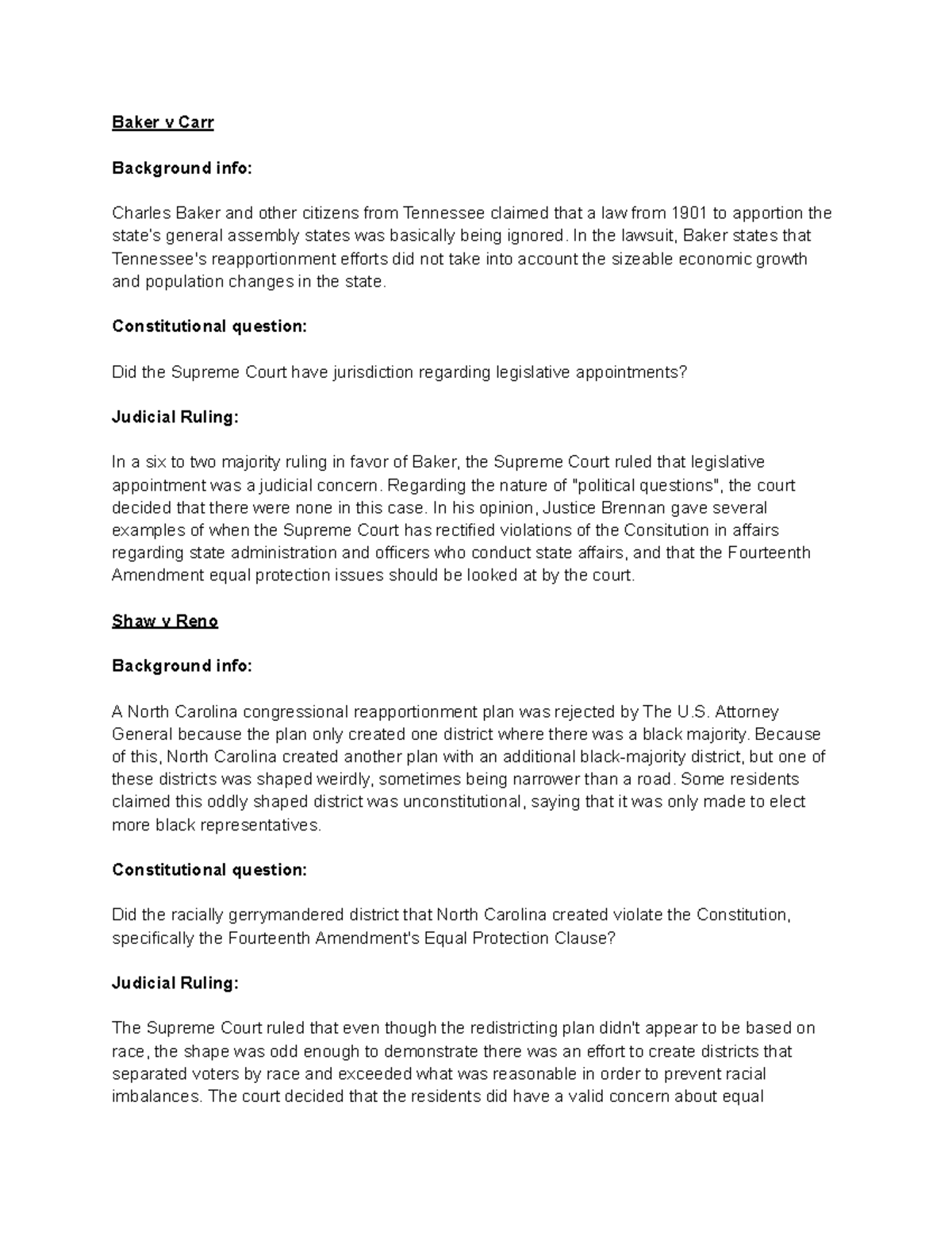 GOV HW Case Study: Baker v Carr & Shaw v Reno Analysis - Studocu