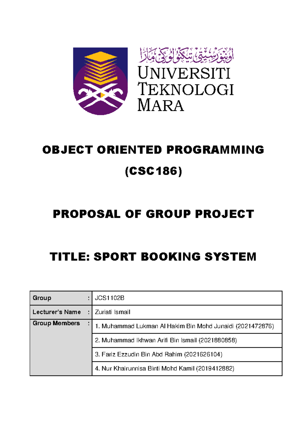 Proposal for Sport Booking System - CSC186 Group Project - Studocu