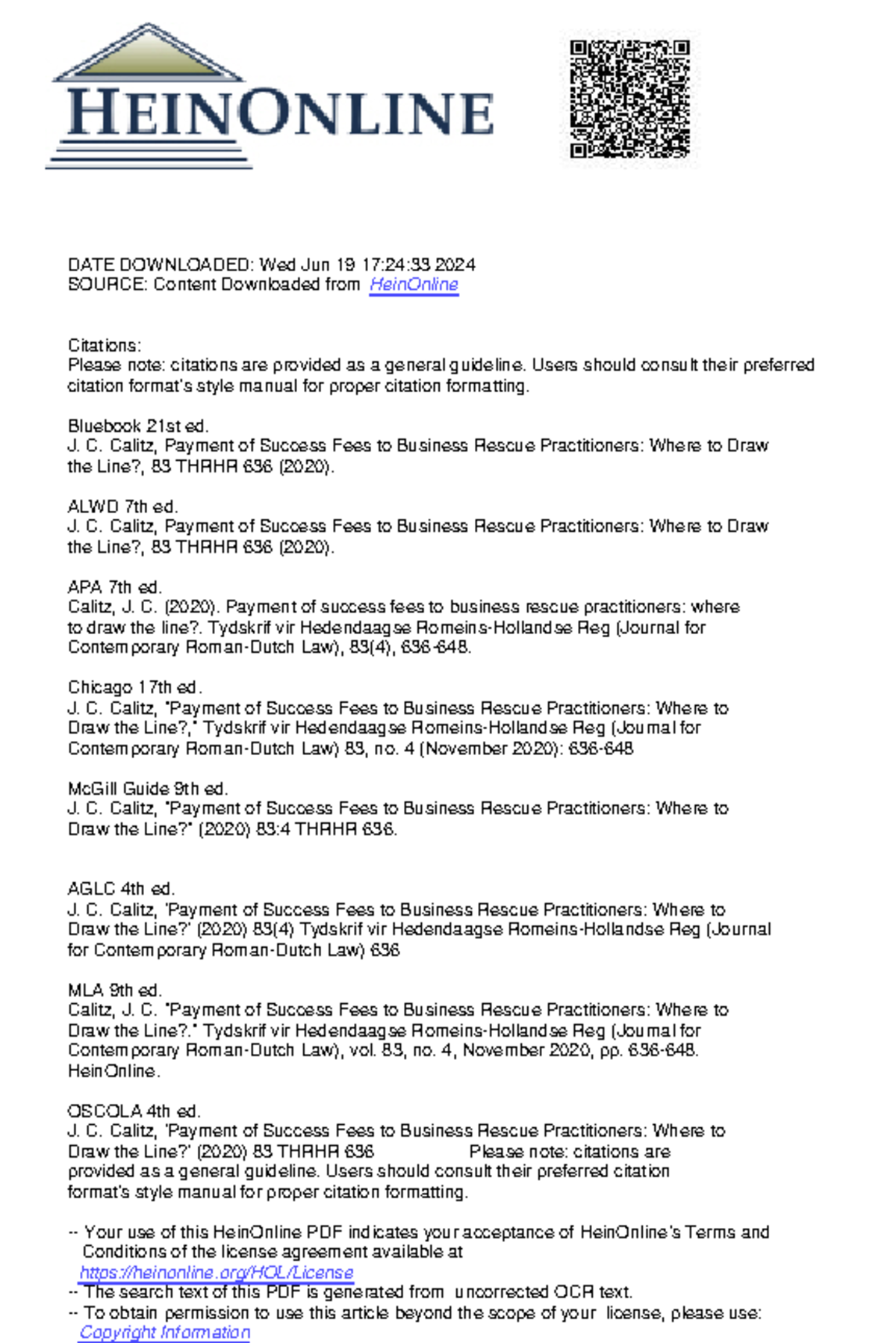 83 THRHR - Success Fees in Business Rescue: Legal Analysis and ...