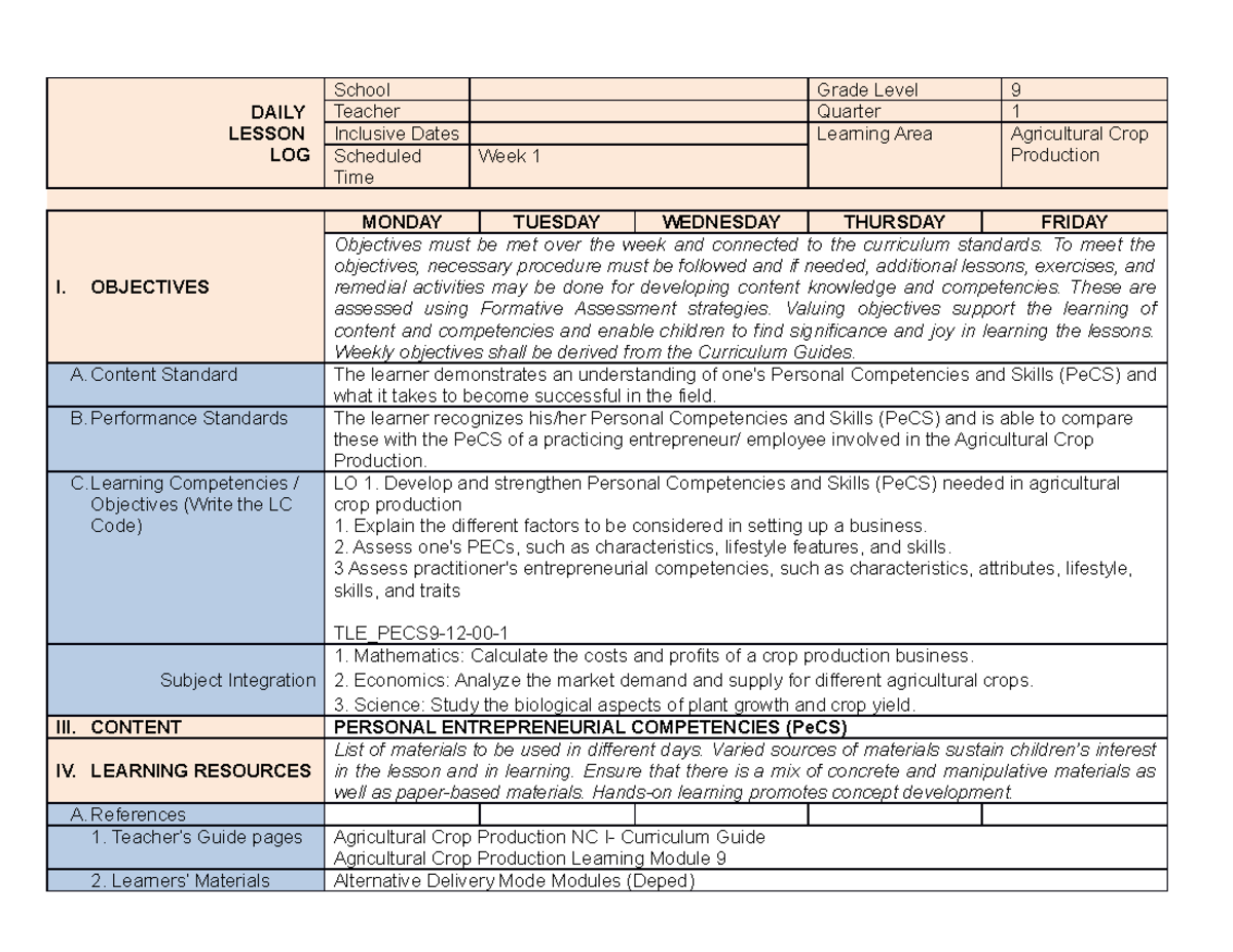 ACP9-Q1-DLL-Weekly Lesson Log for Agricultural Crop Production - Studocu