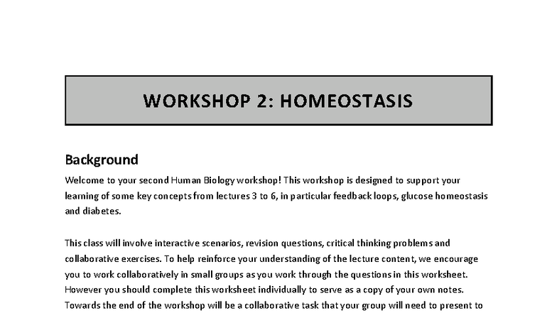 BIOL1008 Workshop 2: Homeostasis, Feedback Loops & Diabetes Notes - Studocu