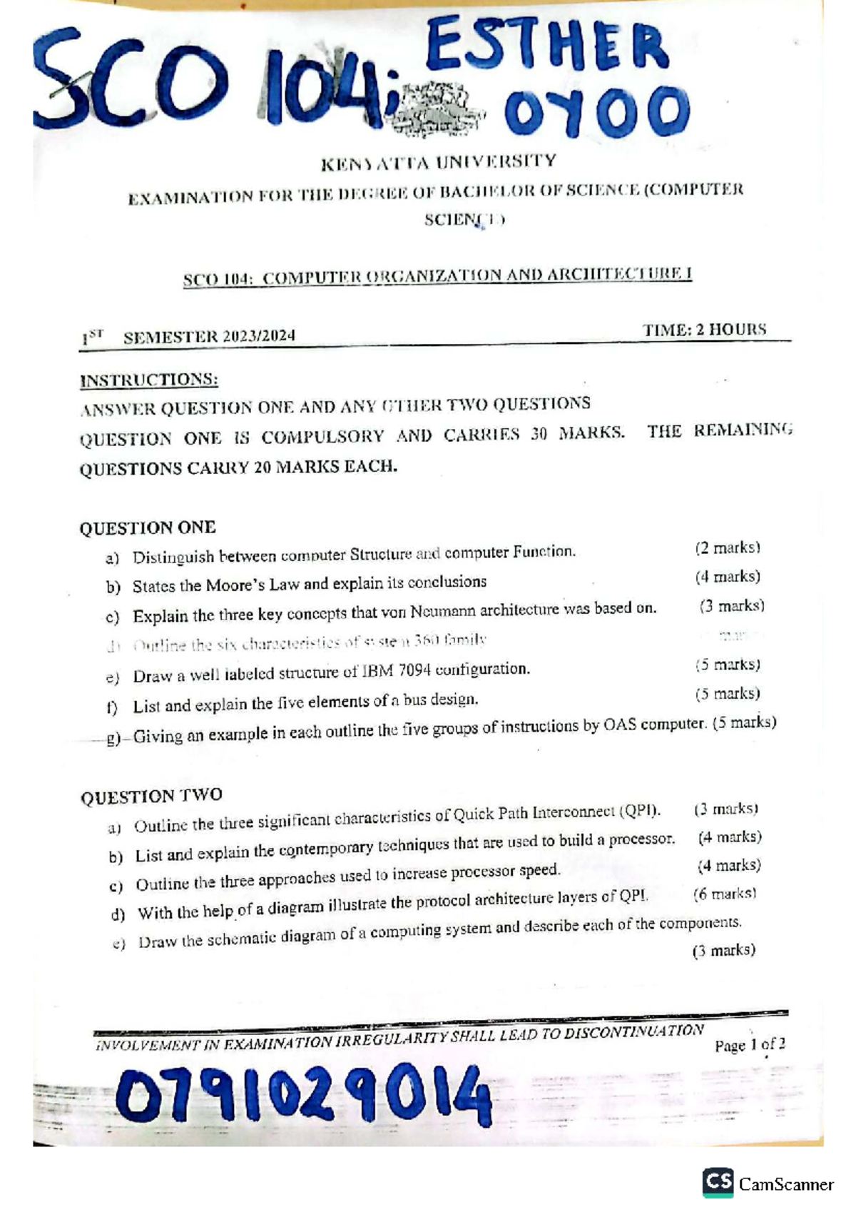SCO 104: Computer Organization & Architecture Exam Paper - Esther OYOO ...