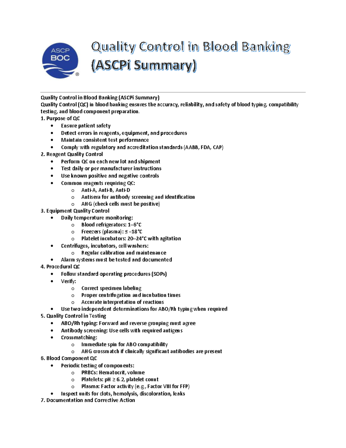 Quality Control in Blood Banking: ASCPi Comprehensive Review - Studocu
