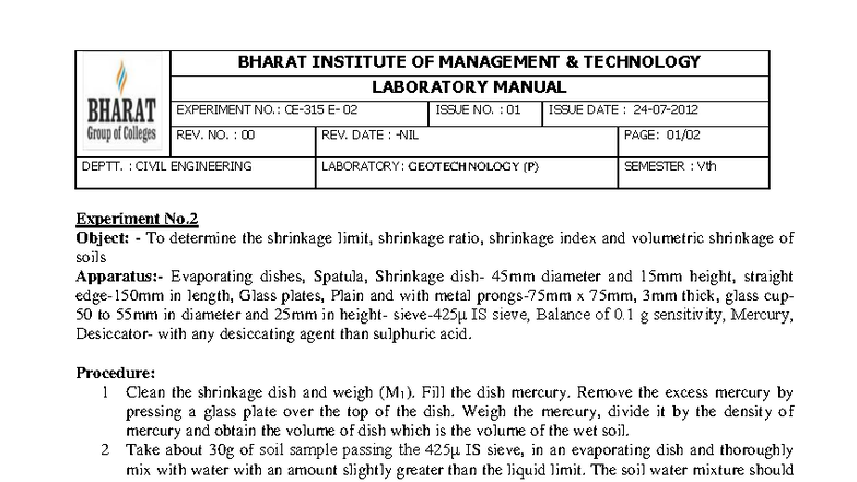 Geotechnology Lab Manual: Experiment 2 - Shrinkage Limits Analysis ...