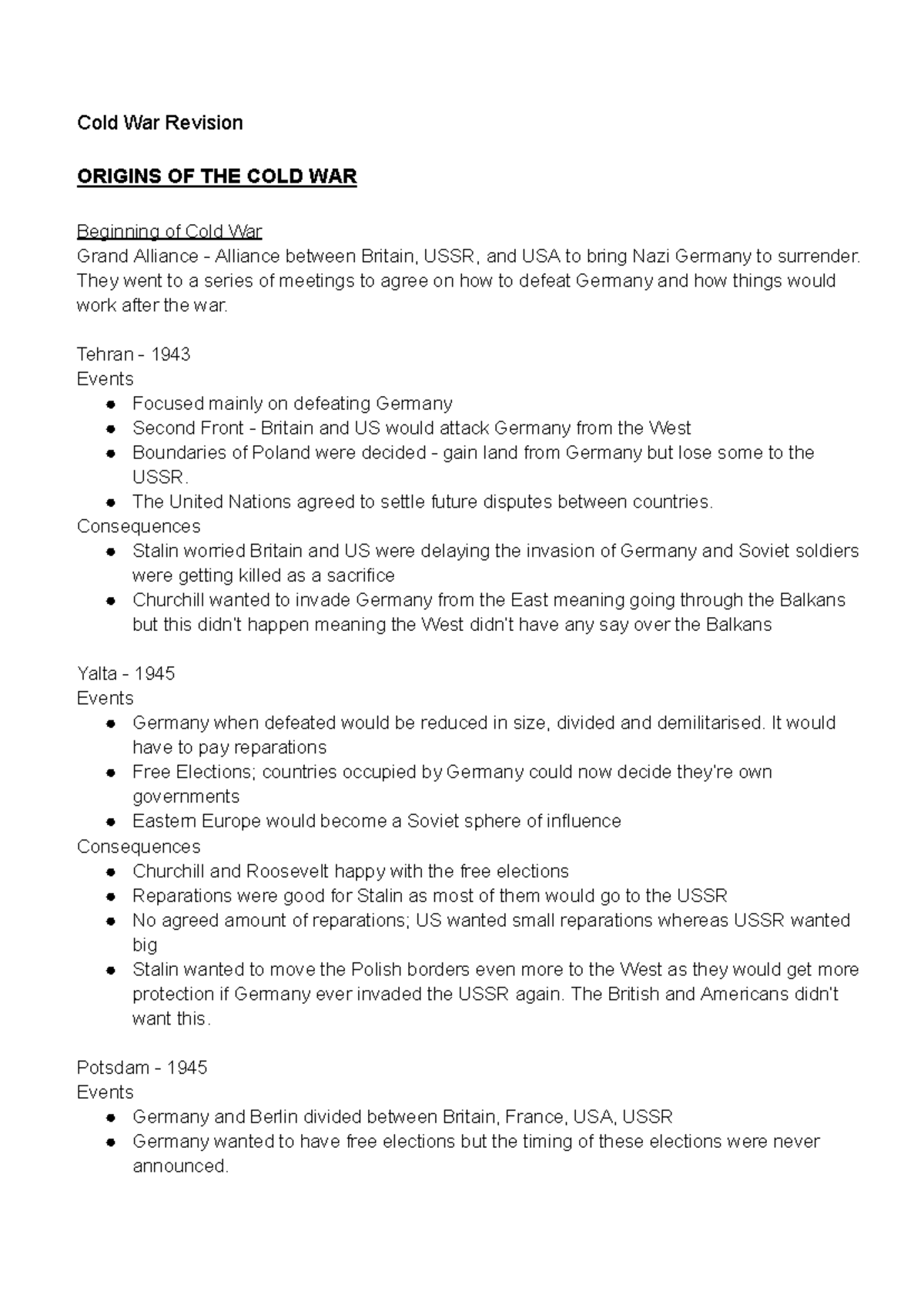 Cold War Revision Notes: Origins, Key Events, and Consequences - Studocu