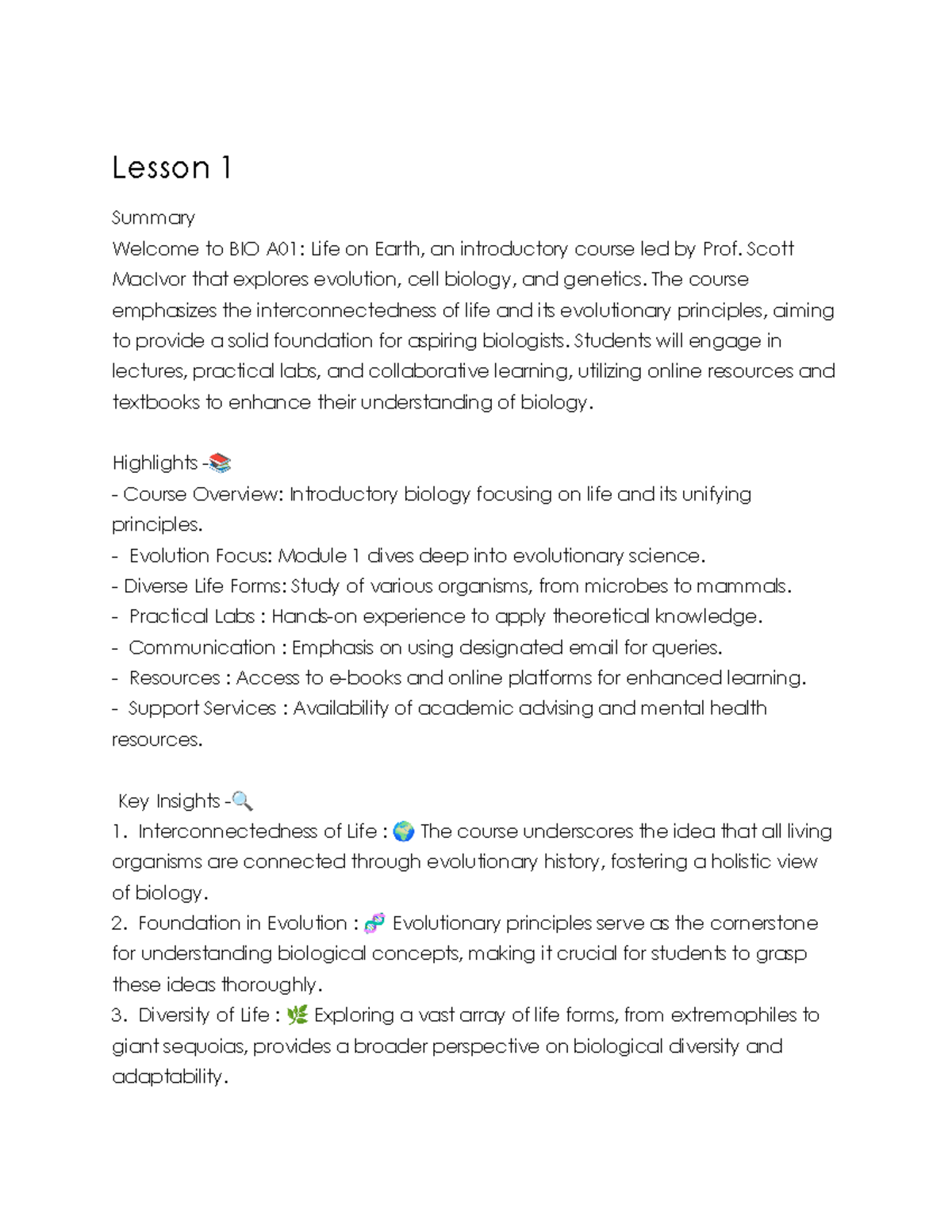 BioA01 module 1 - Lesson 1 Summary Welcome to BIO A01: Life on Earth ...