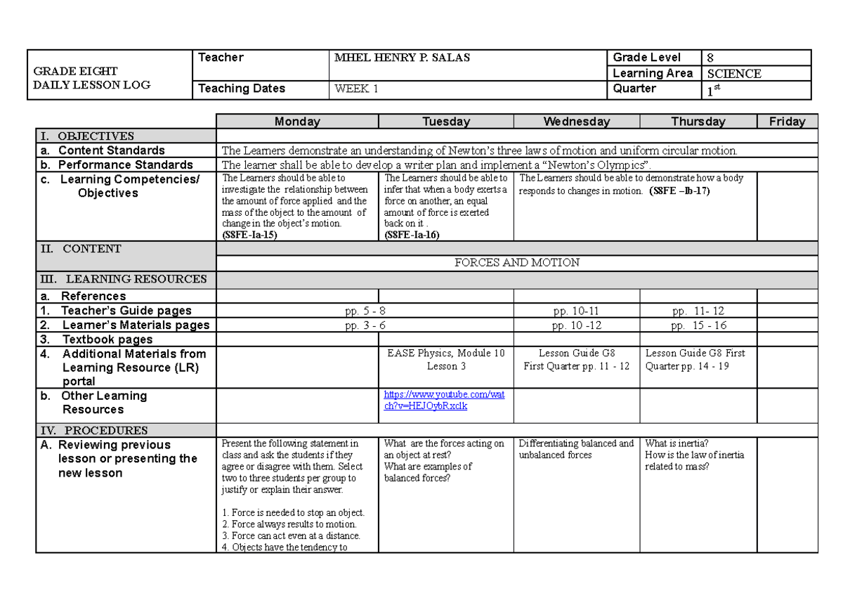 Grade 8 Science Daily Lesson Log: Week 1 - Forces & Motion - Studocu