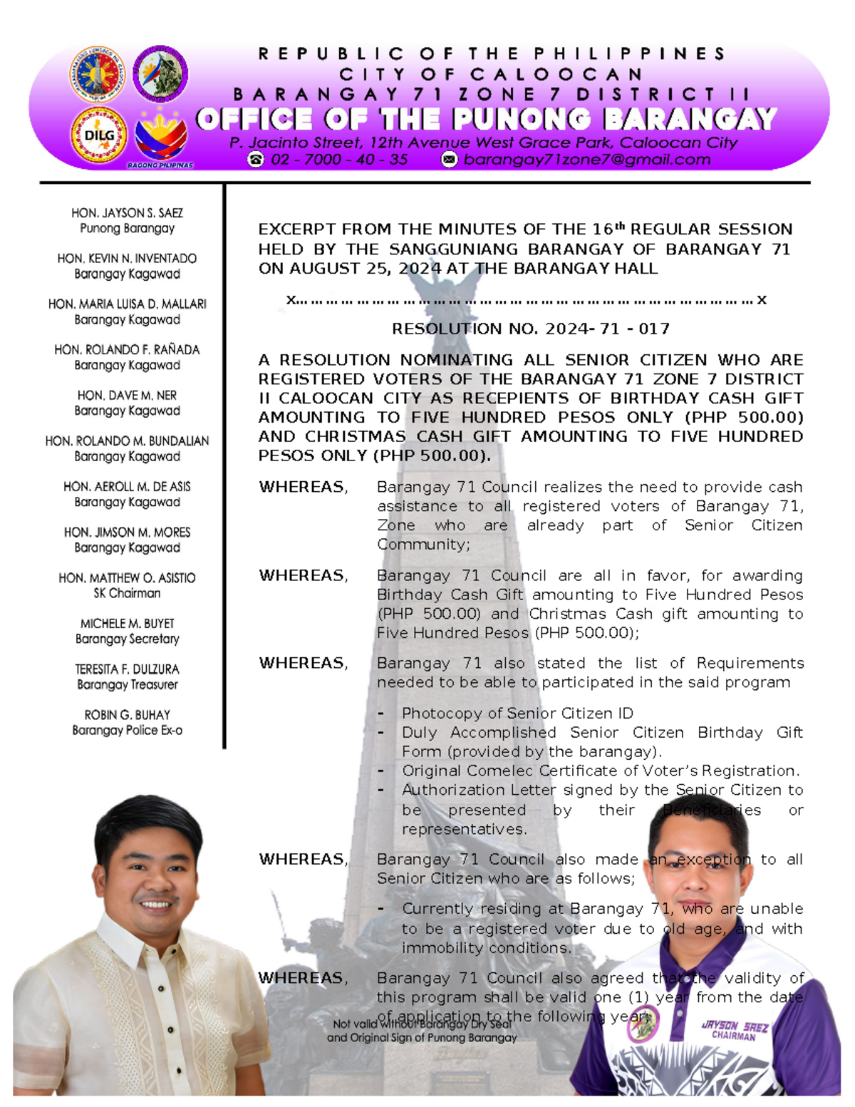 Barangay Resolution No. 2024-71-017: Senior Citizen Birthday Gift ...