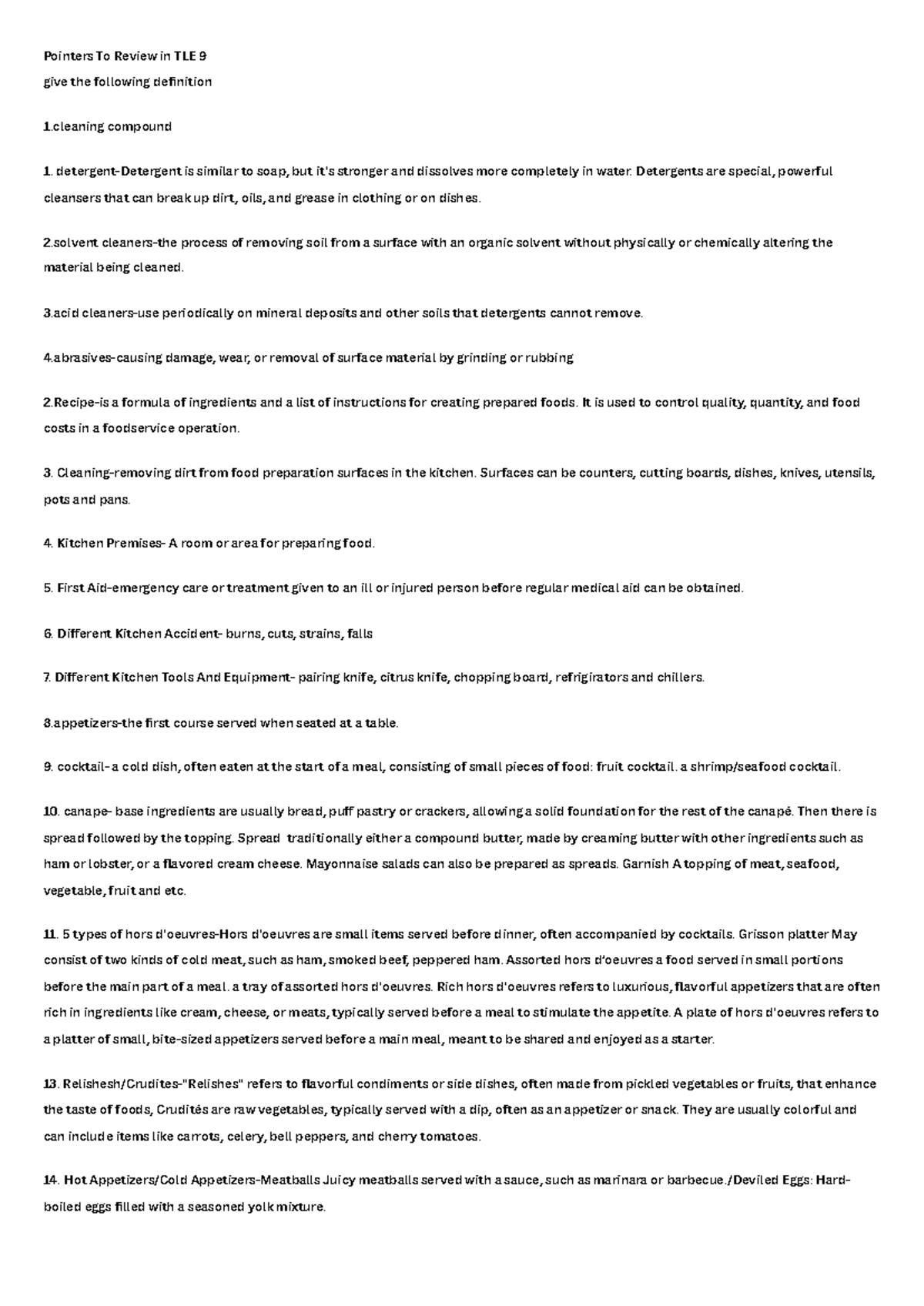 Pointers to Review in TLE 9: Cleaning, Kitchen Tools, and Appetizers ...