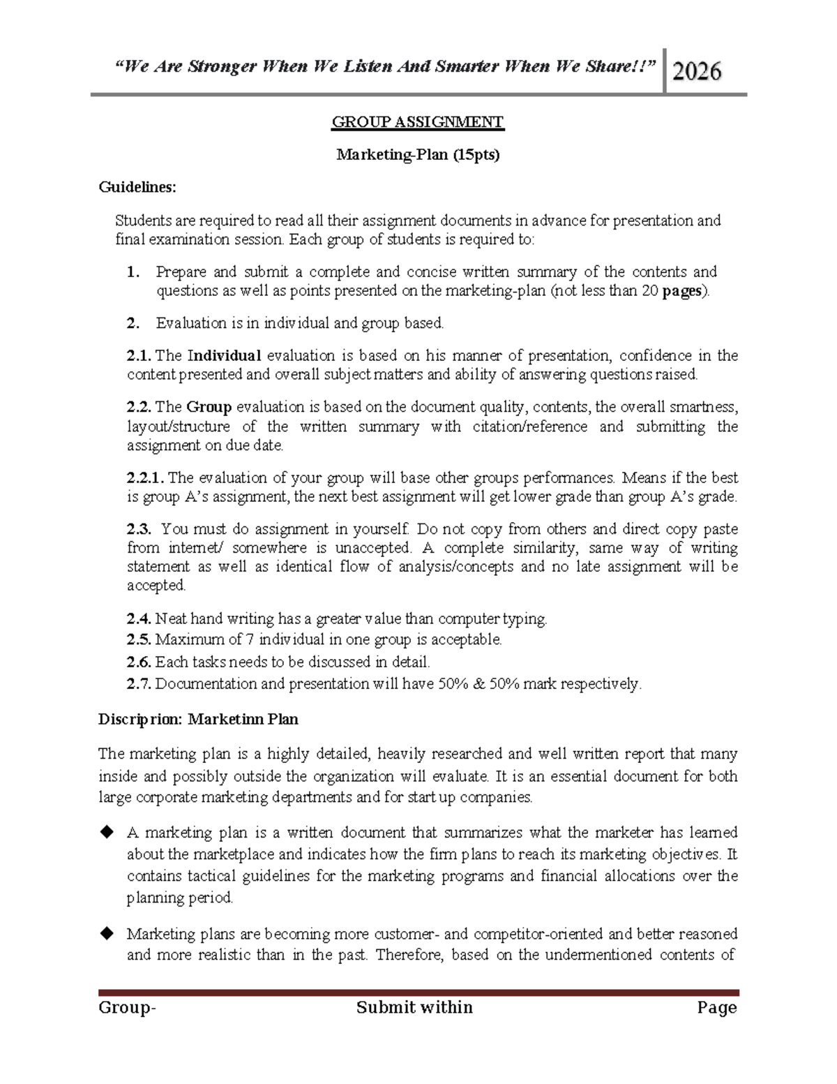 Group Assignment (15pts): Comprehensive Marketing Plan Guidelines - Studocu