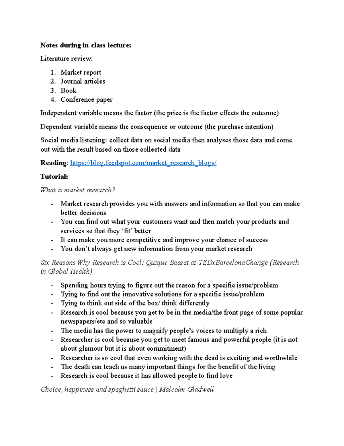 Week 1 - Additional notes - Notes during in-class lecture: Literature ...