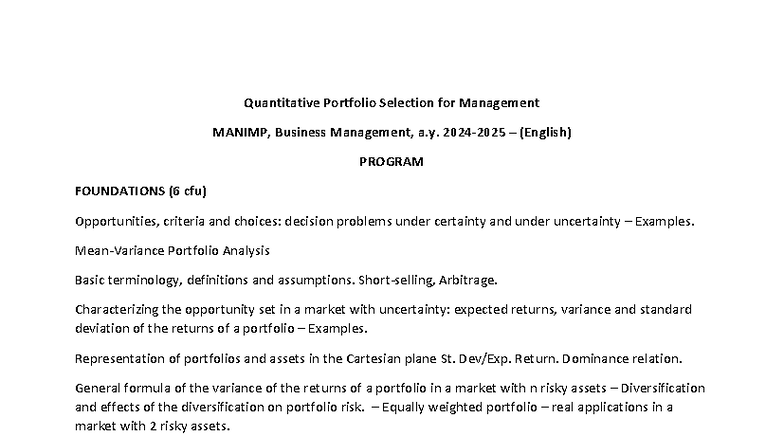 Quantitative Portfolio Selection Management MANIMP - QPSM 2024-2025 ...