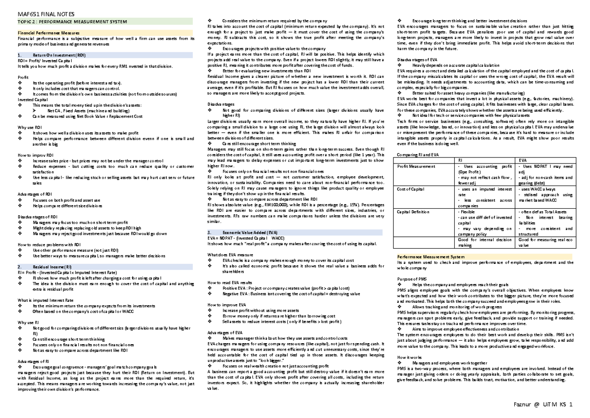 MAF651 FINAL EXAM STUDY NOTES: PERFORMANCE MEASUREMENT SYSTEMS - Studocu