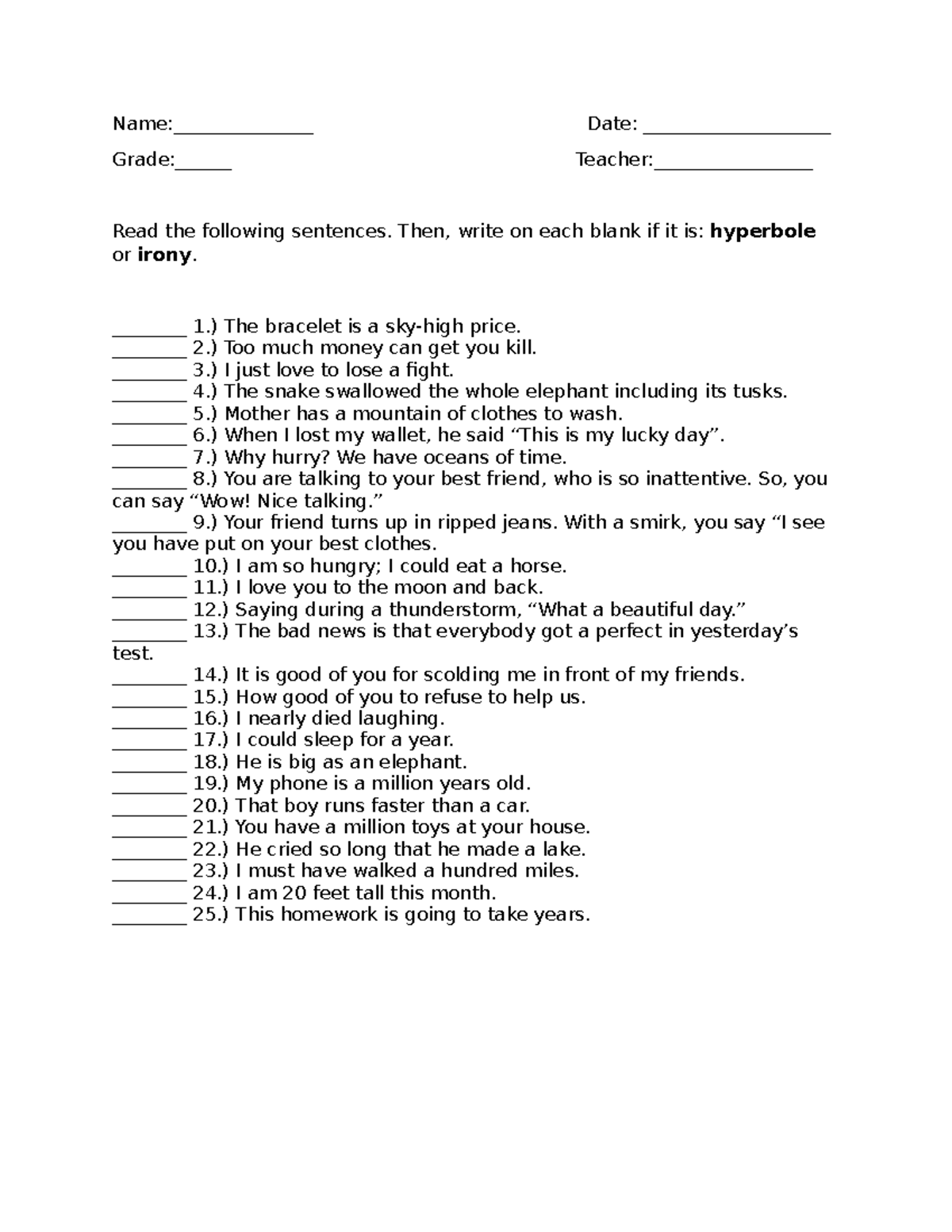 ENG 101: Hyperbole vs. Irony - Sample Exam Practice - Studocu