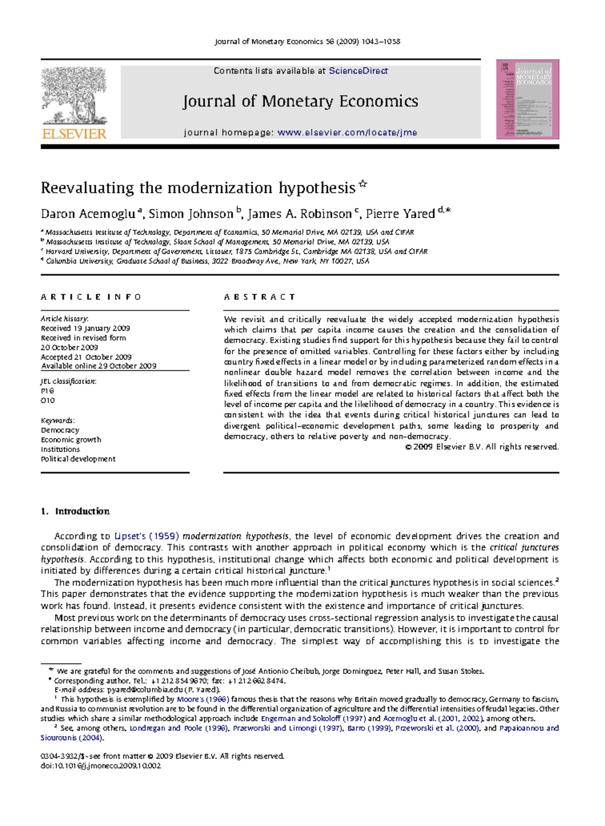 Reevaluating the Modernization Hypothesis: Income and Democracy ...