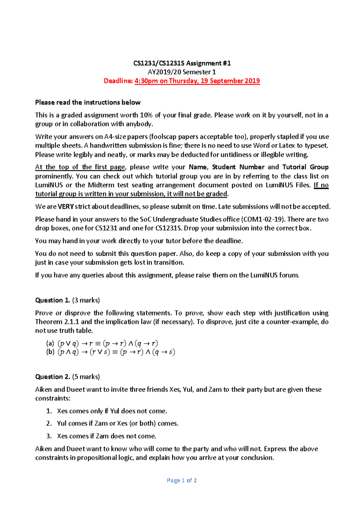 Assignment 1 qns - Page 1 of 2 CS1231/CS1231S Assignment # AY2019/20 Semester 1 Deadline: 4:30pm ...