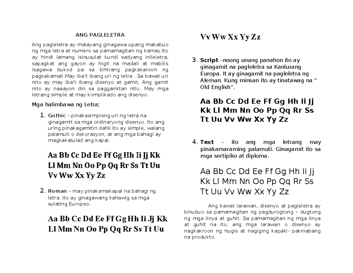 Pagleletra: Mga Uri at Disenyo ng Letra sa Kamay - Studocu