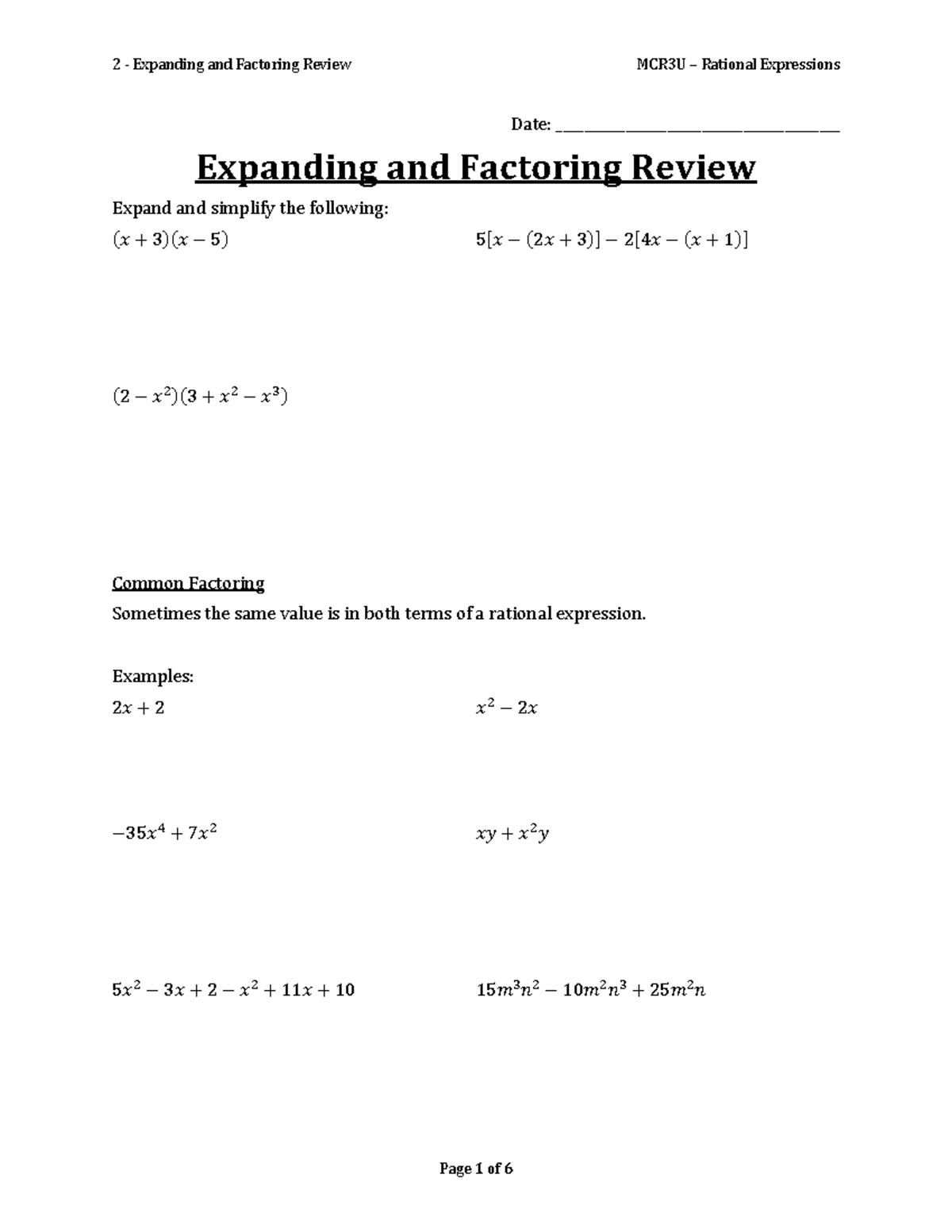 Expanding and Factoring Review MCR3U: Rational Expressions Guide - Studocu