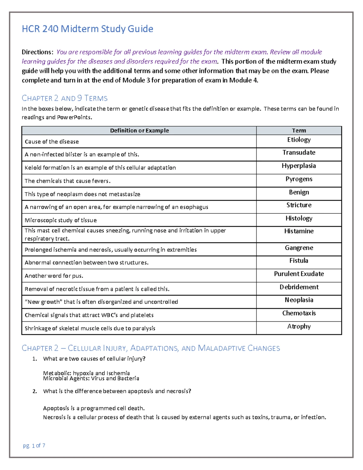 HCR 240 Module 3 Midterm Study Guide: Key Diseases & Terms - Studocu