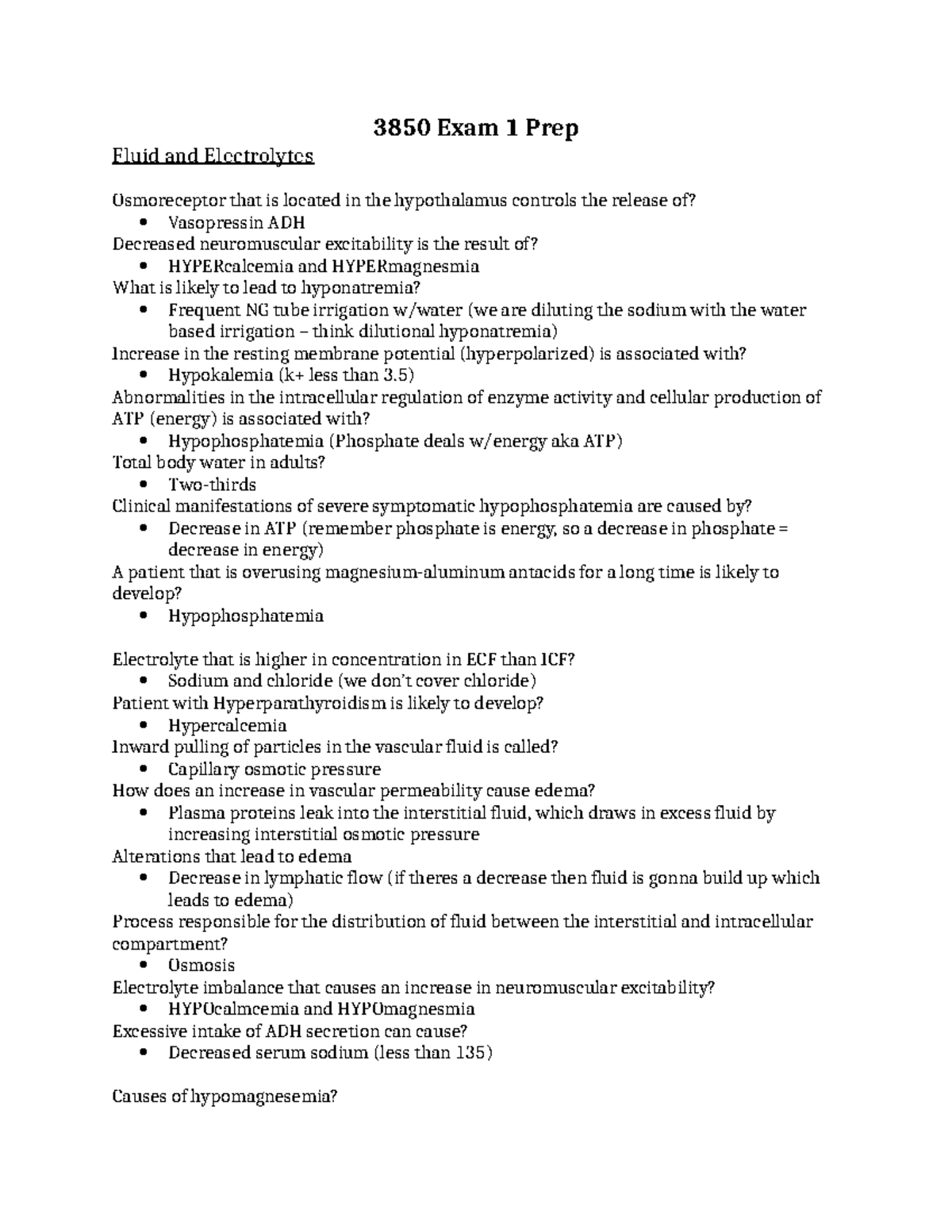 3850 Exam 1 Study Guide: Fluid and Electrolytes Concepts - Studocu