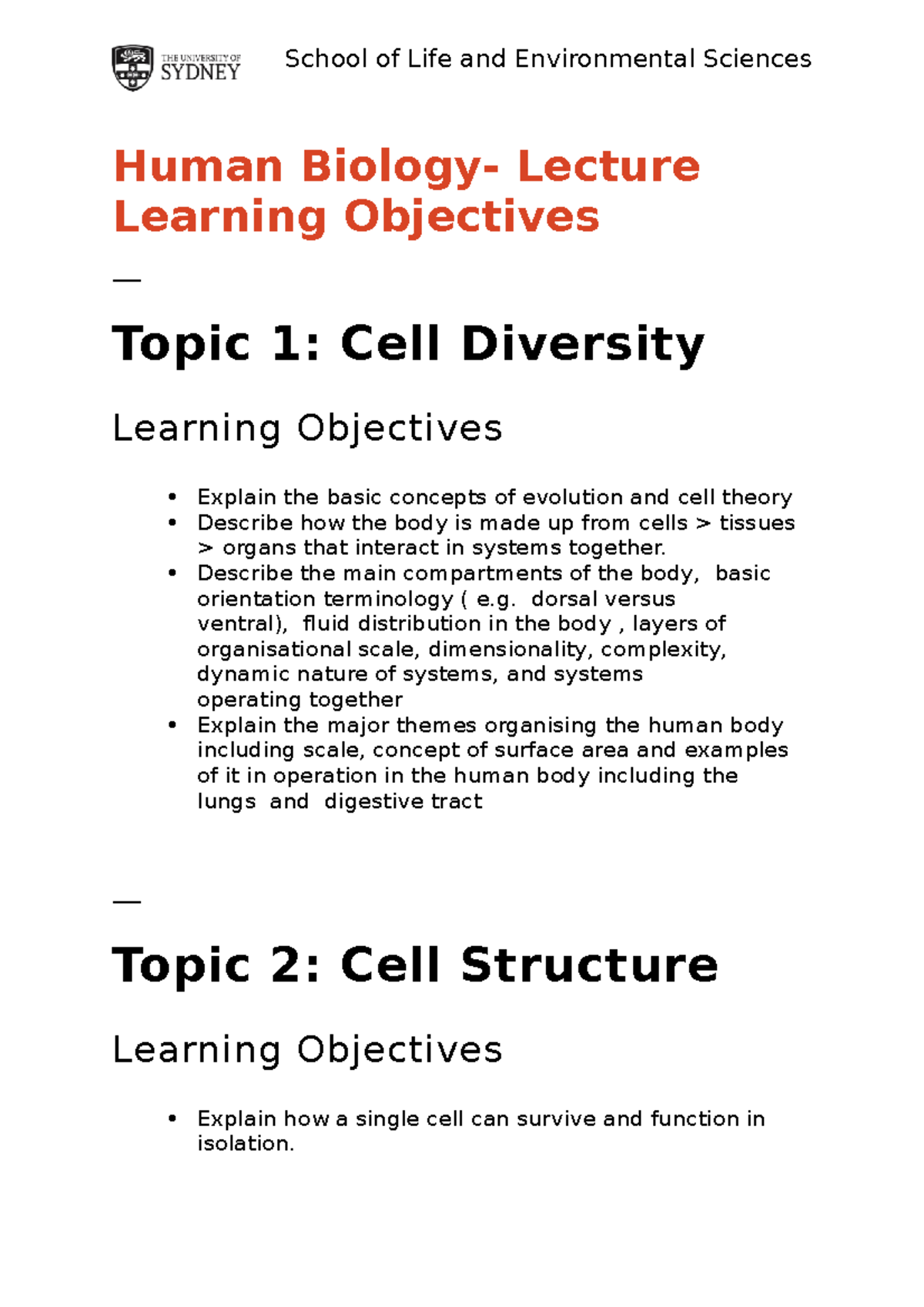 BIOL1X08 Learning Objectives 2022 - School of Life and Environmental ...