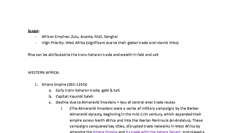 History of African Empires: Zulu, Asante, Mali, Songhai (HIST 6) - Studocu