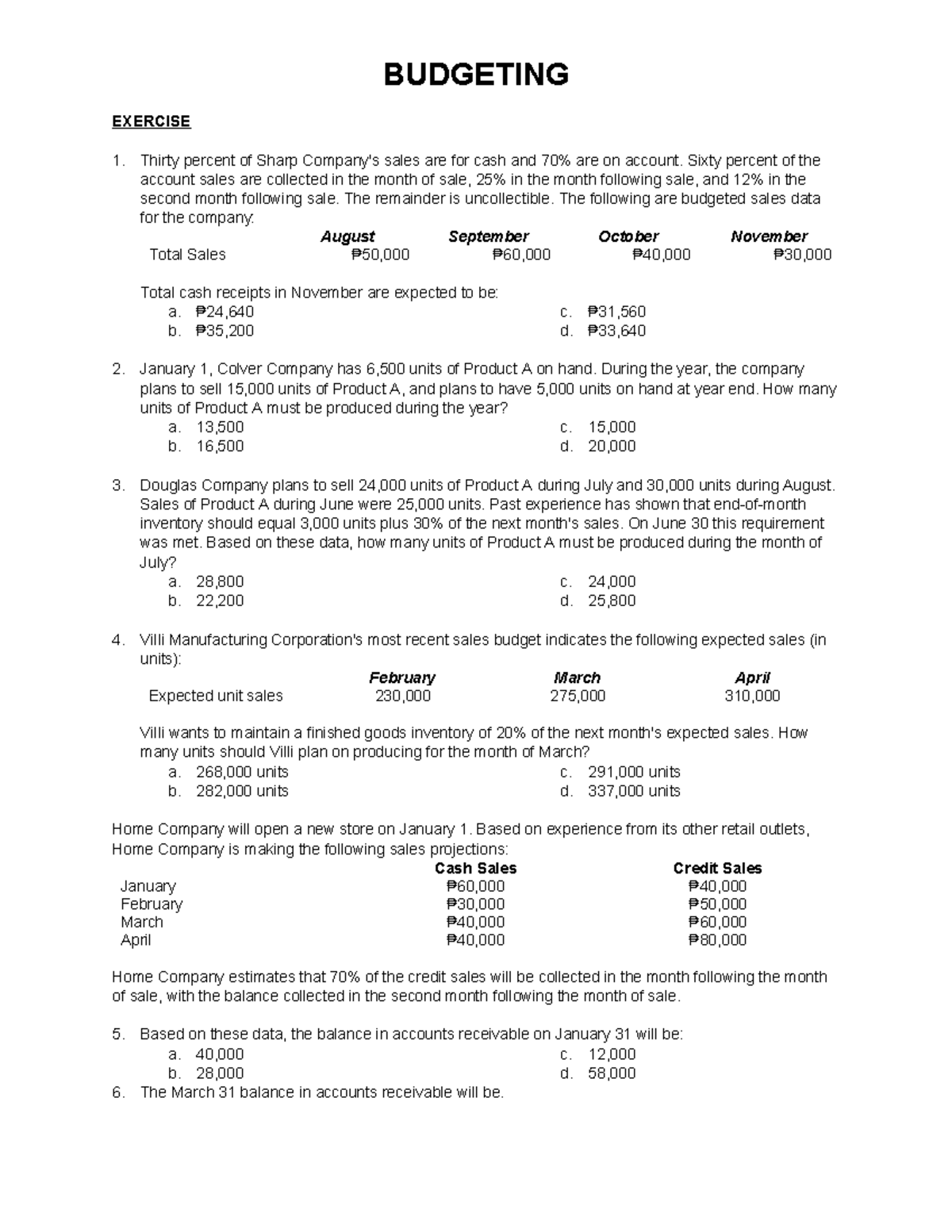 Budgeting Exercise: Cash Receipts and Sales Projections Analysis - Studocu