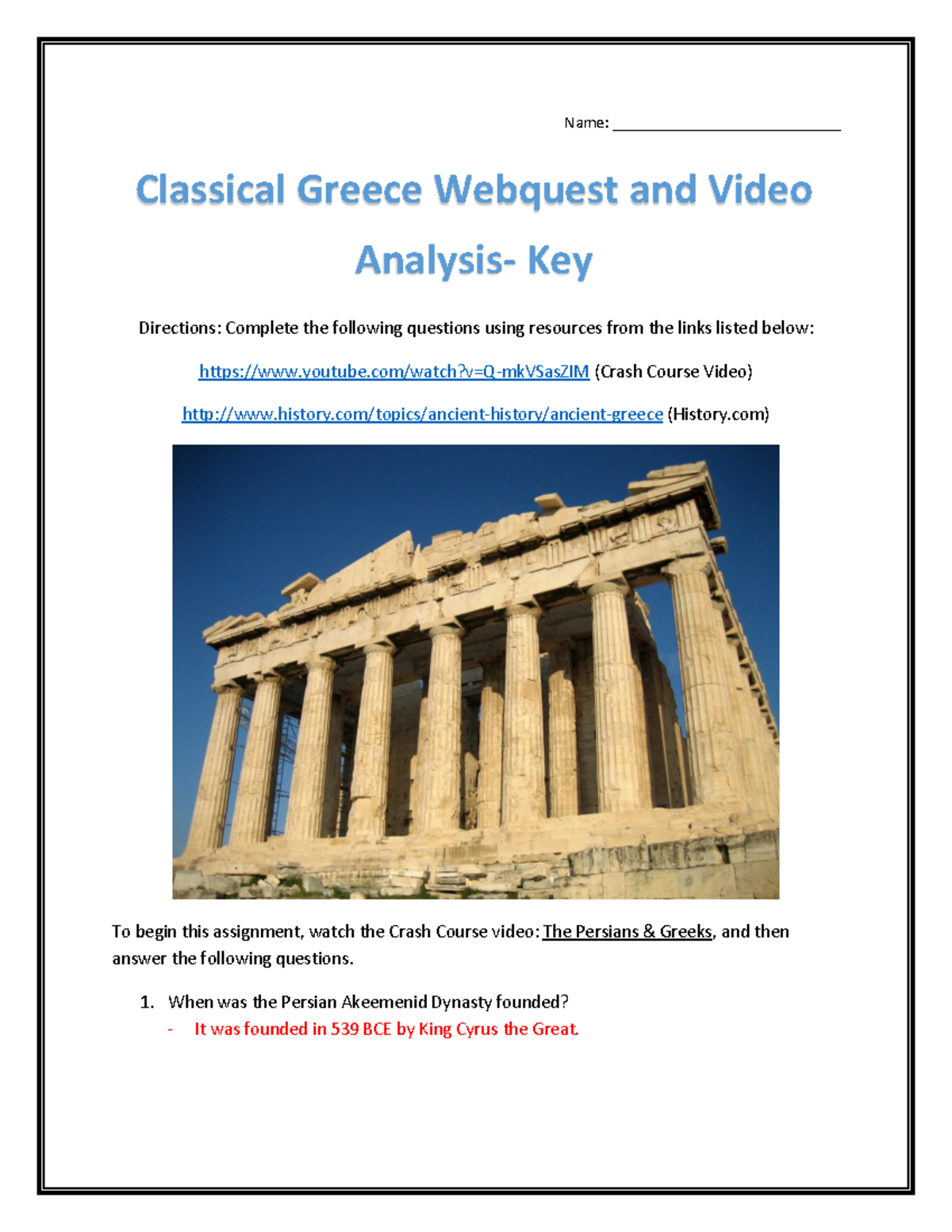 Classical Greece Webquest & Video Analysis - Key Answers Guide - Studocu