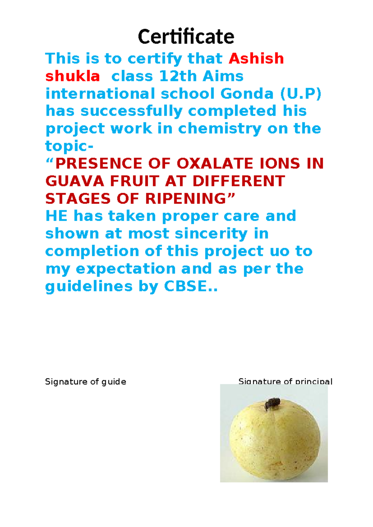 Certificate chemistry that Ashish shukla class 12th Aims international school Gonda ...