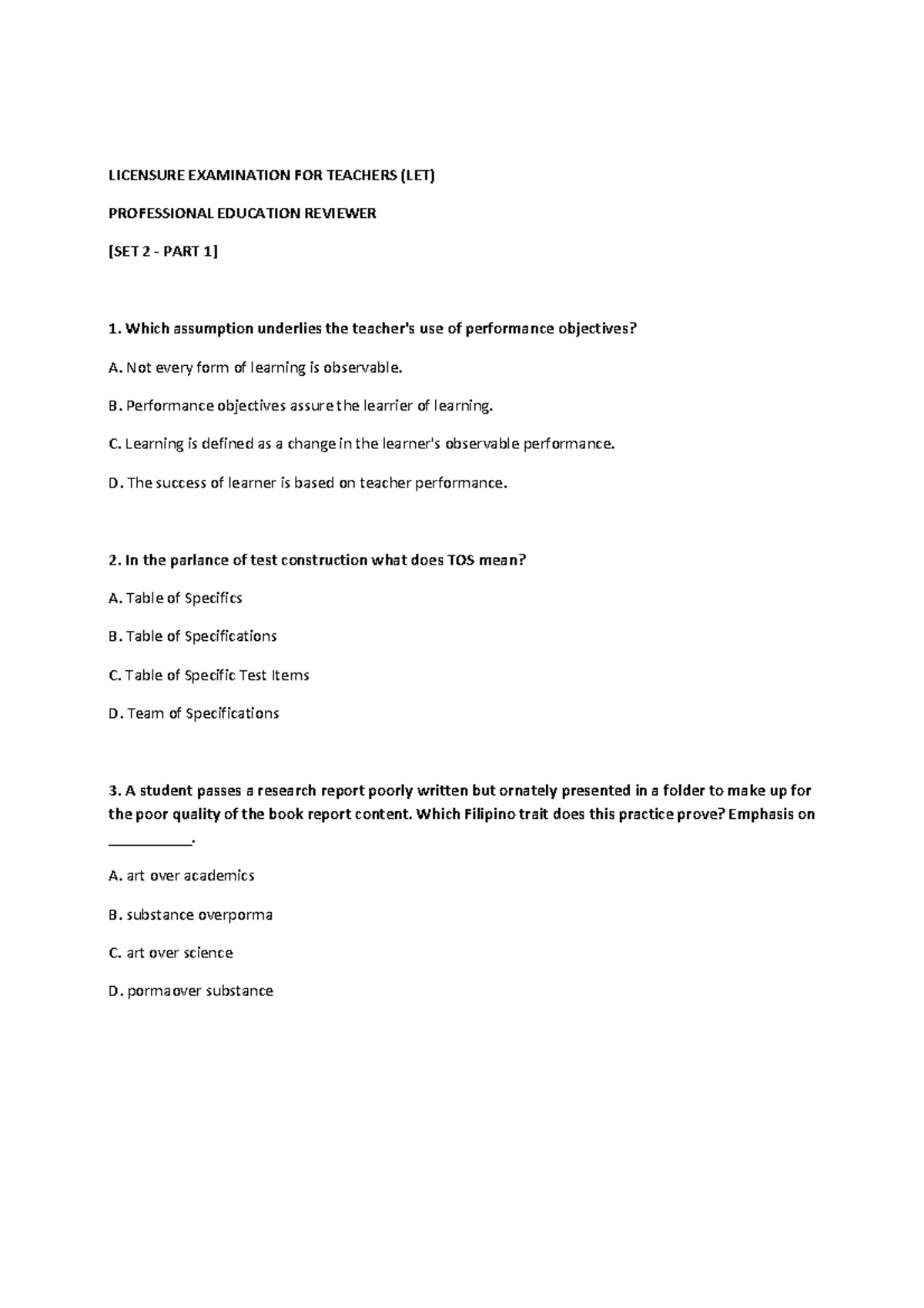 Licensure Examination for Teachers Set 2 Part 1 - LICENSURE EXAMINATION ...