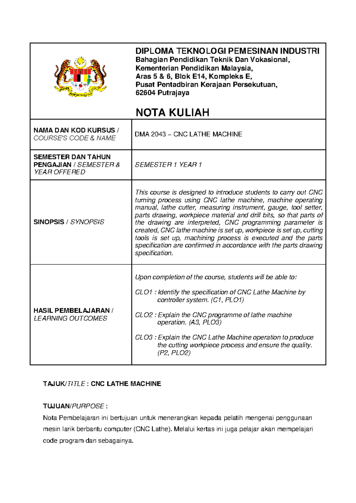 Nota kuliah 1 - WORKSHEET - NAMA DAN KOD KURSUS / COURSE’S CODE & NAME ...