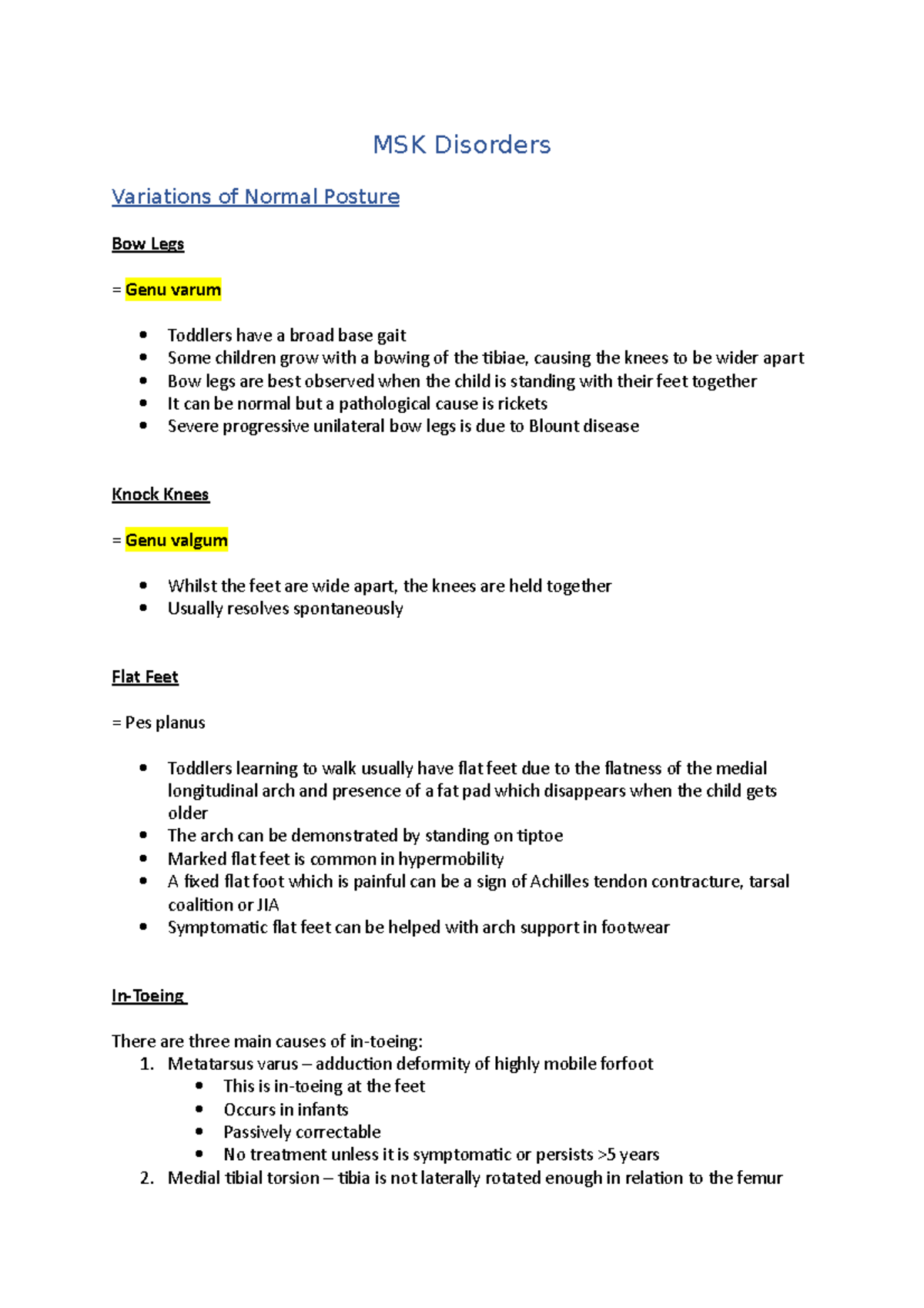 MSK Disorders - Paediatric MSK conditions - MSK Disorders Variations of ...