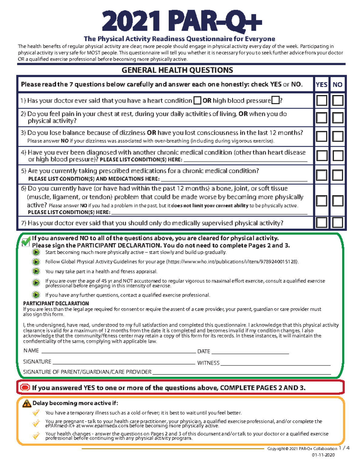 Par-Q Questionnaire Form - Physical Activity Readiness Assessment - Studocu