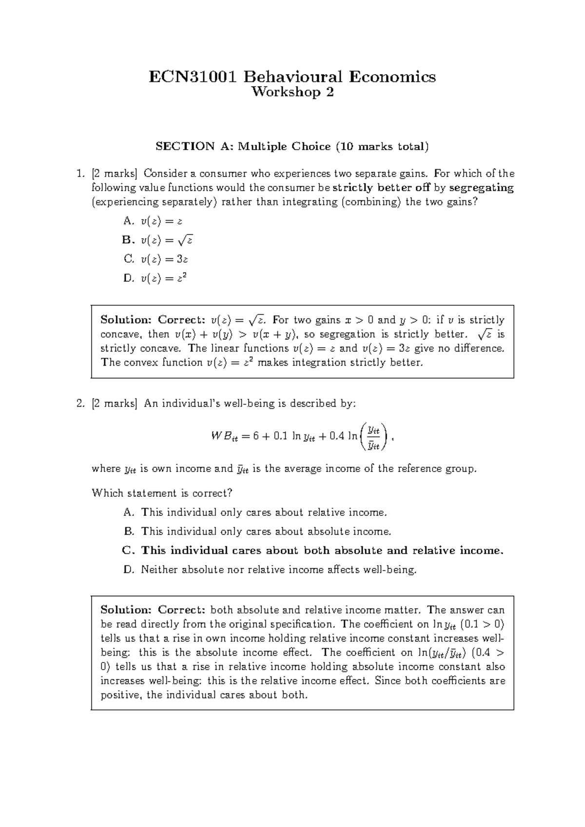 ECN31001 Behavioural Economics Workshop 2 Solutions and Analysis - Studocu