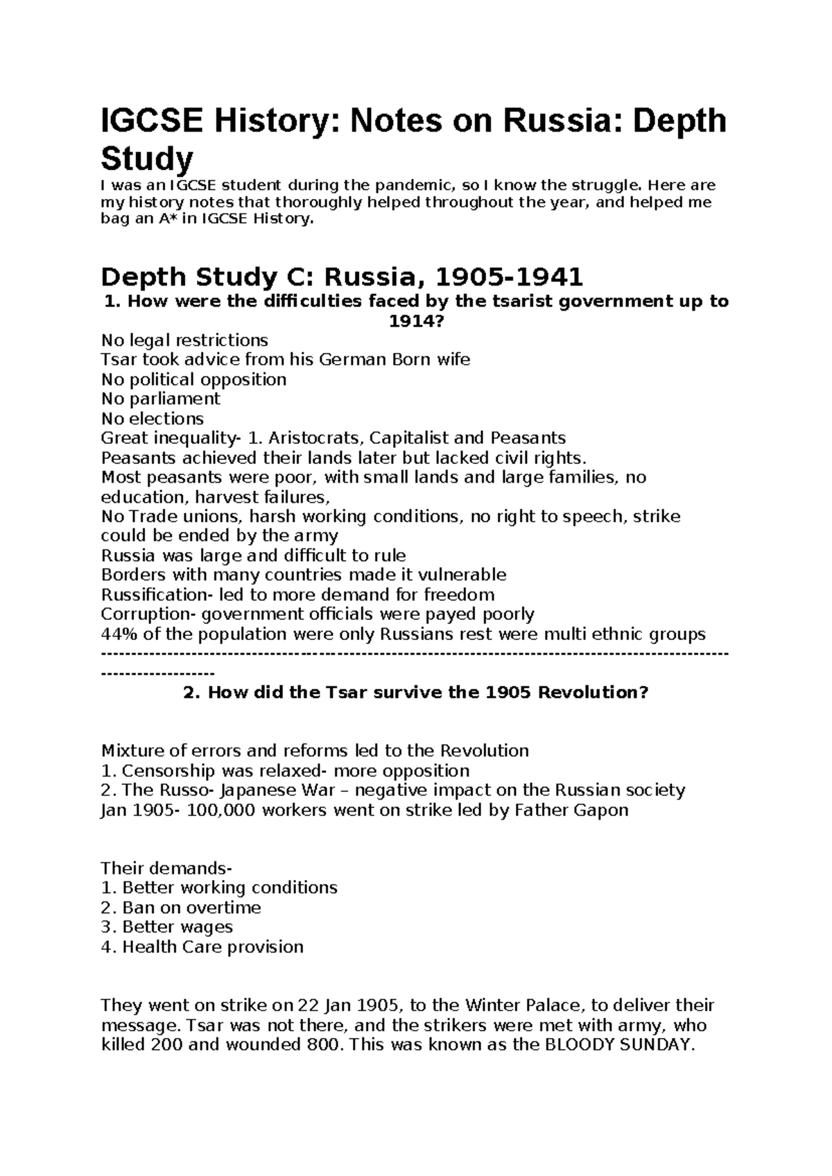 IGCSE History Notes: Depth Study on Russia, 1905-1941 - Studocu